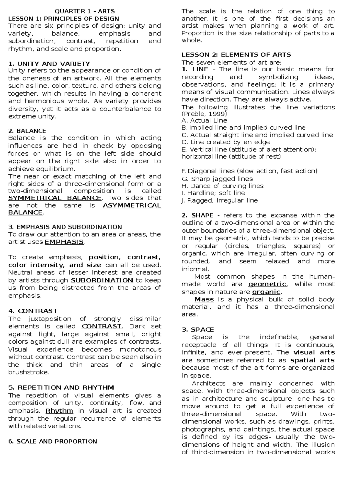 ARTS Q1 Lesson 1 - sheeshably - QUARTER 1 – ARTS LESSON 1: PRINCIPLES ...