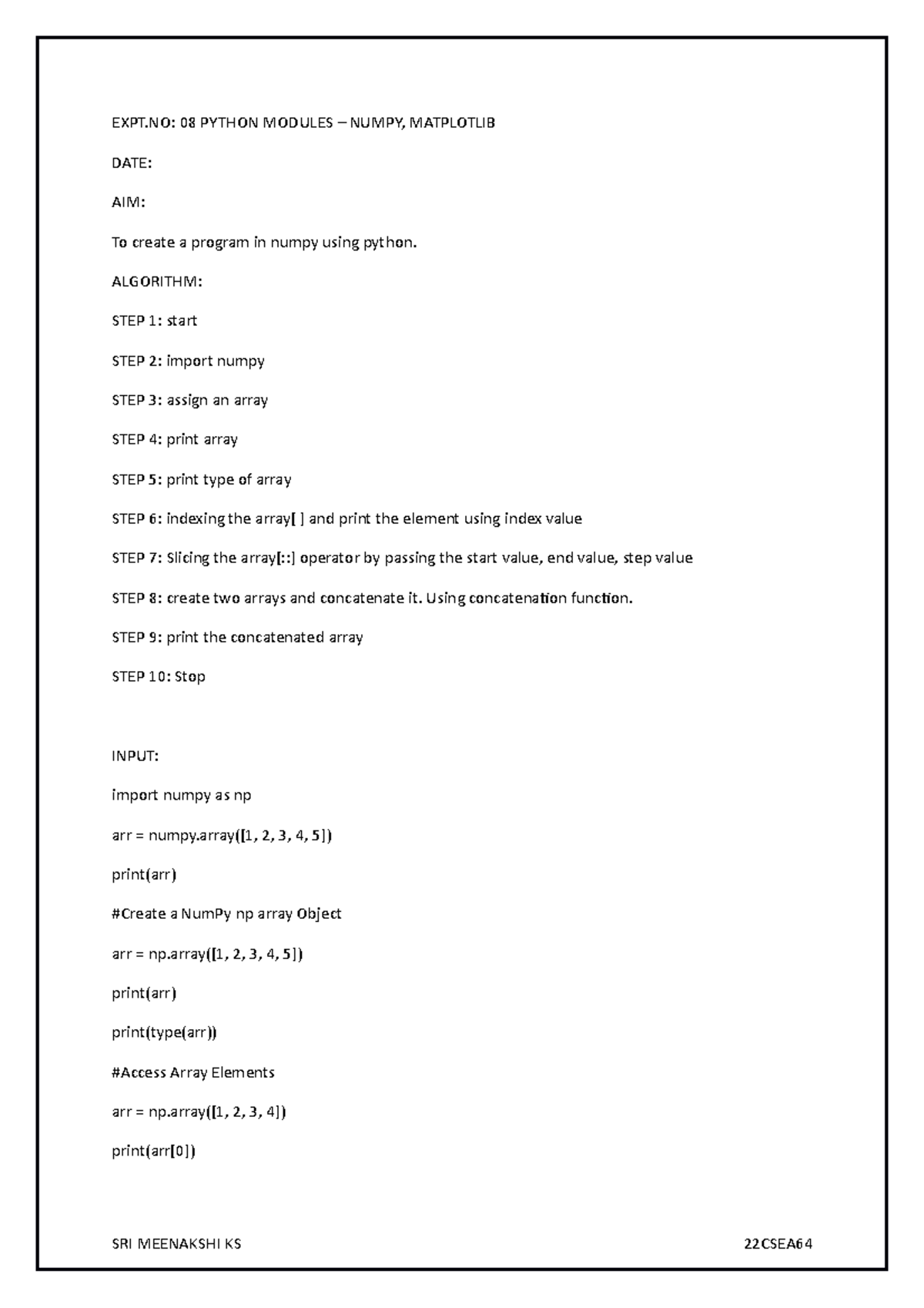 EX 8 TO 11 - python - EXPT: 08 PYTHON MODULES – NUMPY, MATPLOTLIB DATE ...