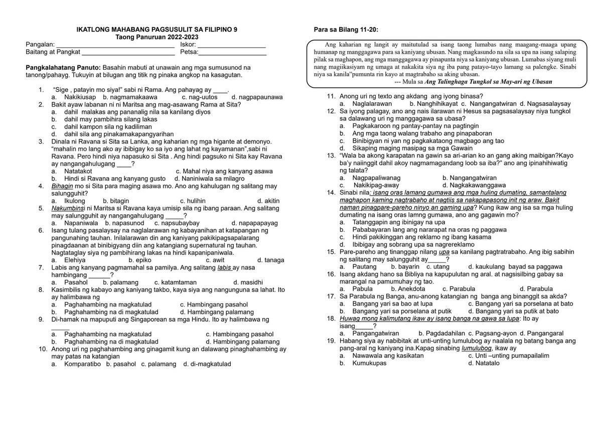 Slideshare.vpdfs.com filipino-9-long-test-3rd-quarter-pdf - General ...