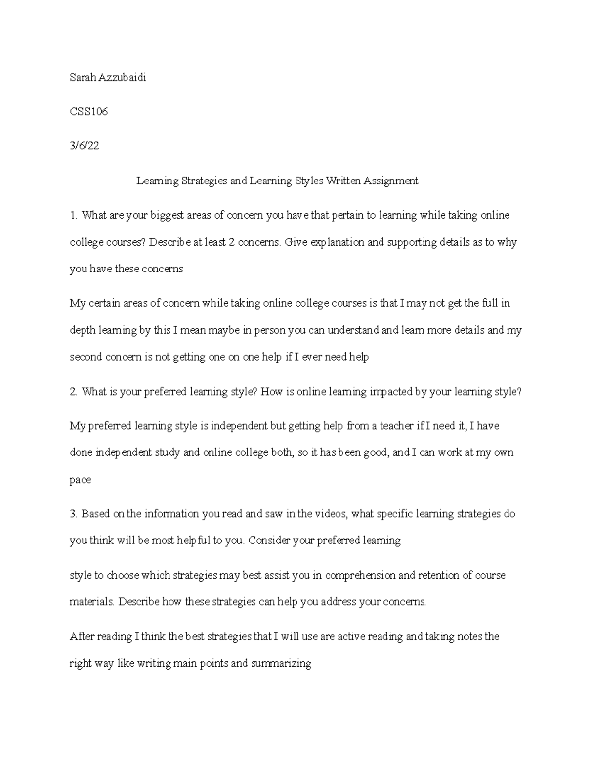 Document 83 - assignment about learning strategies and different ...