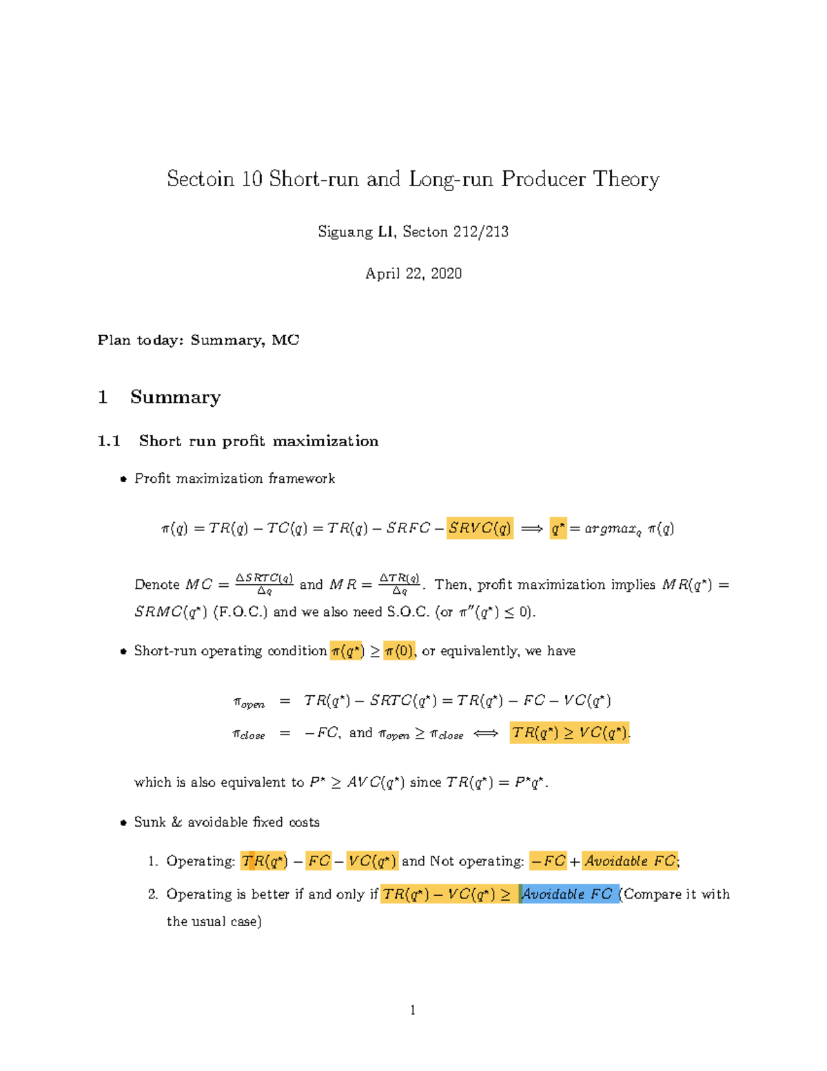 Section 10 - Discussion Handouts from ECON 1110 taught by Professor ...