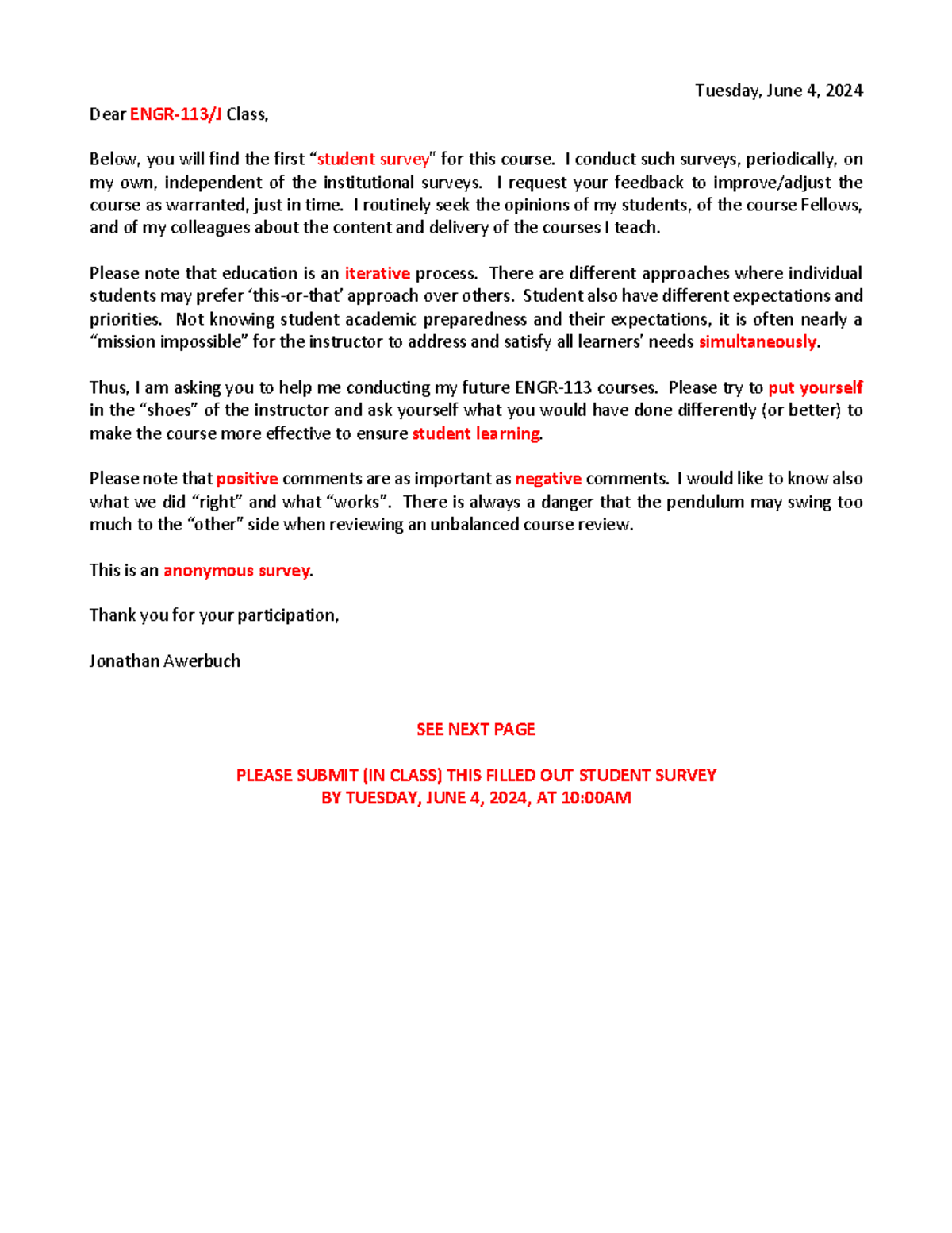 ENGR-113J END-OF-TERM Survey (6,4,24) - Tuesday, June 4, 202 4 Dear ...