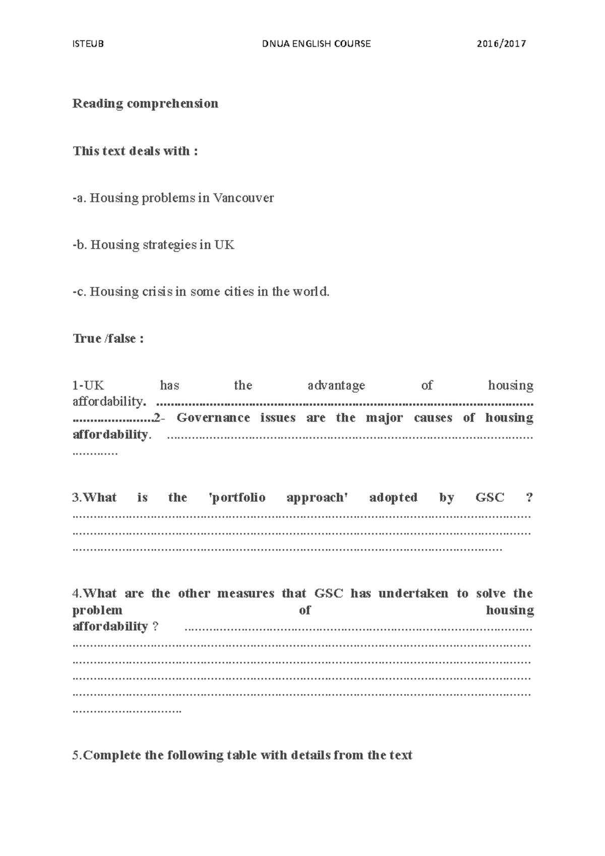 Lesson 1 housing affordability - Reading comprehension This text deals ...