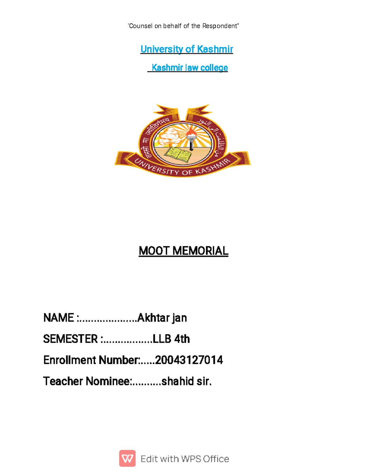 Moot court memorial - University of Kashmir Kashmir law college MOOT ...