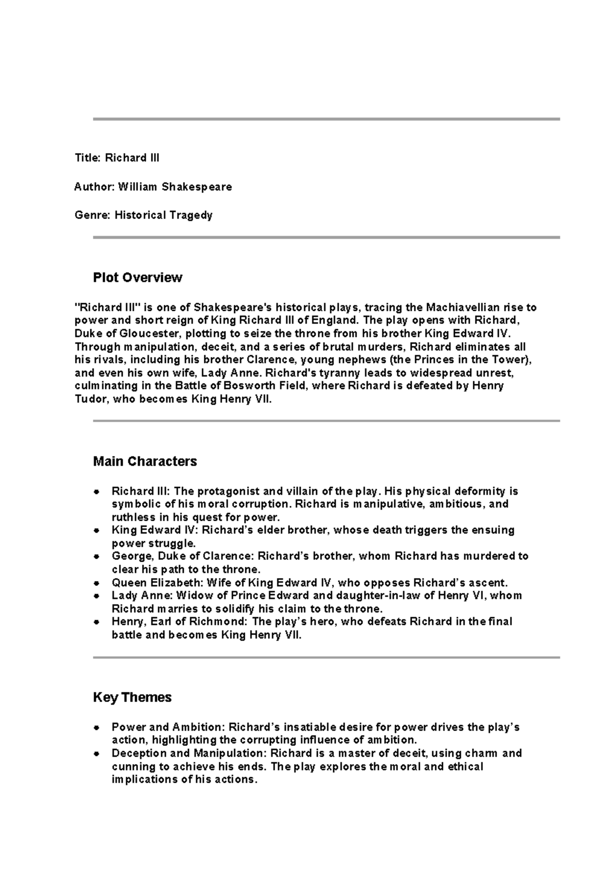 Richard III Detailed Notes - Title: Richard III Author: William ...