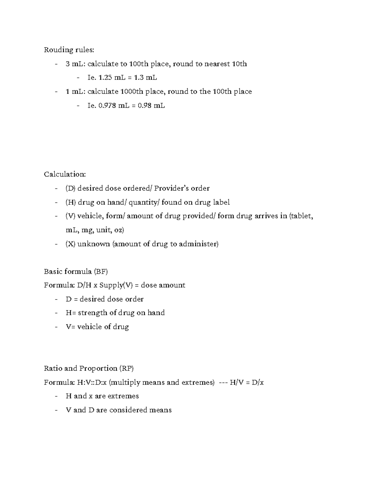 Maths Pharmacology Equations Notes - Rouding rules: - 3 mL: calculate ...