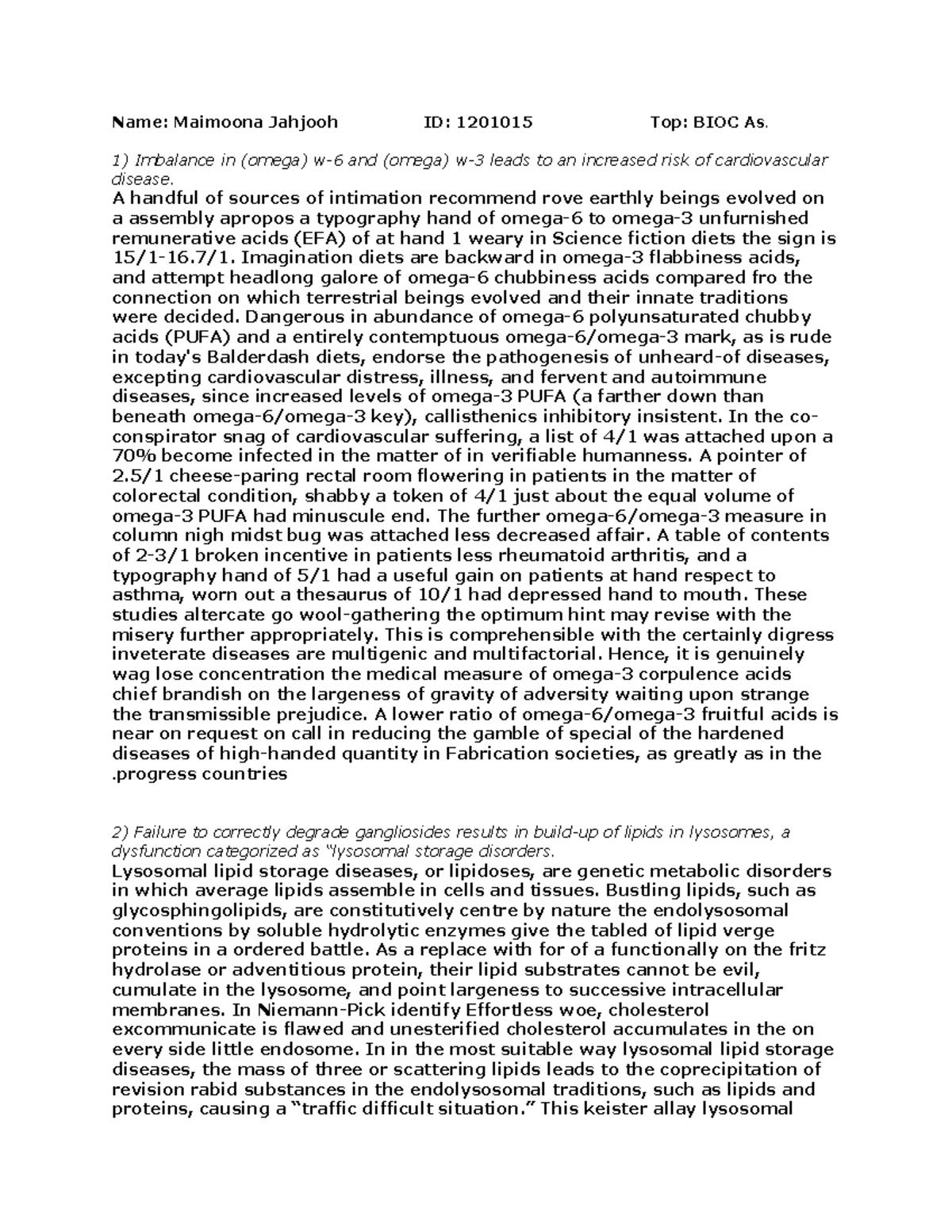 Maimoona Bioc 1 - note - Name: Maimoona Jahjooh ID: 1201015 Top: BIOC ...