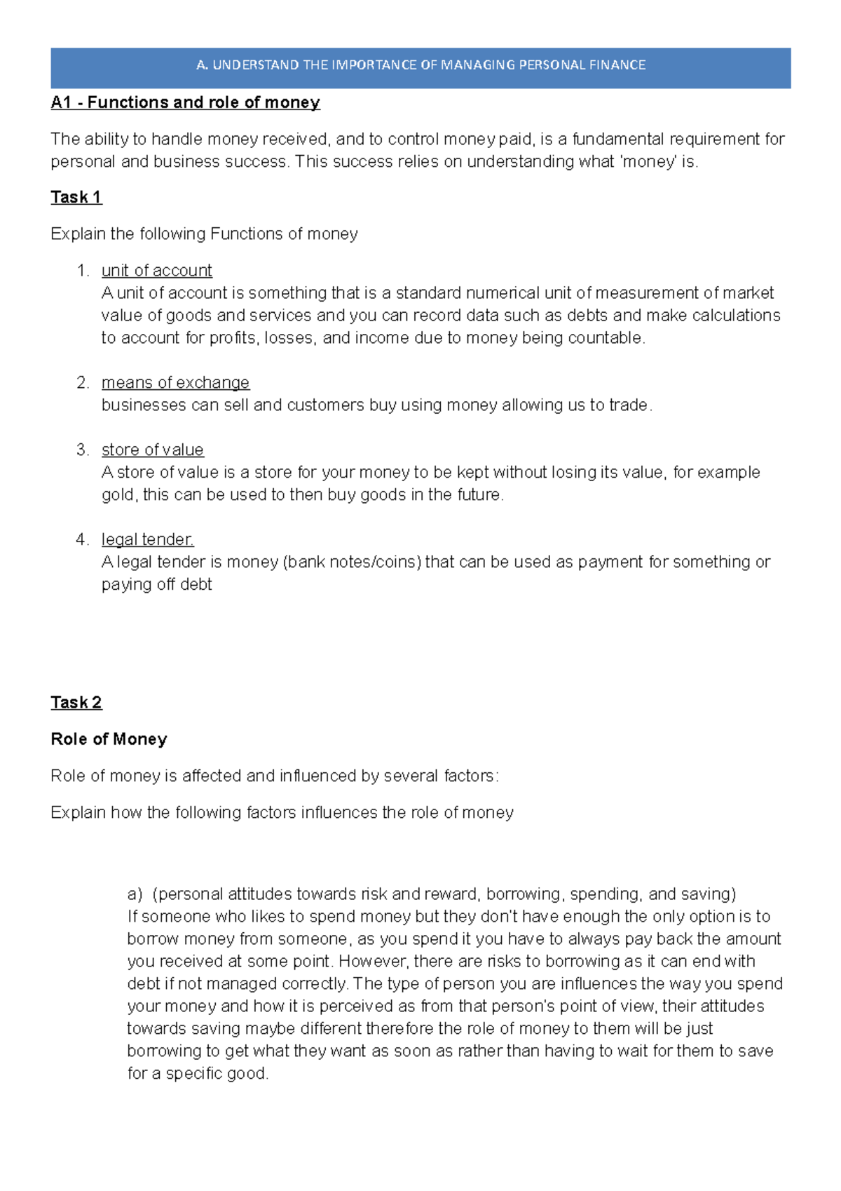 A1 - Functions and role of money (1) edit - A1 - Functions and role of ...