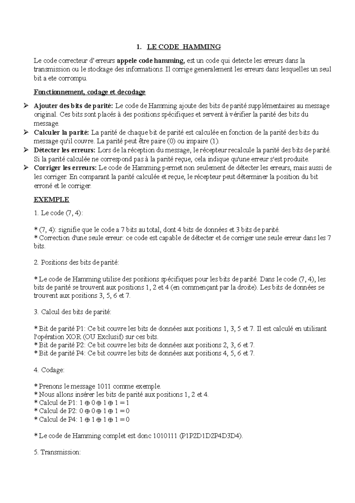 Reseau tp codage - 1. LE CODE HAMMING Le code correcteur d’erreurs ...