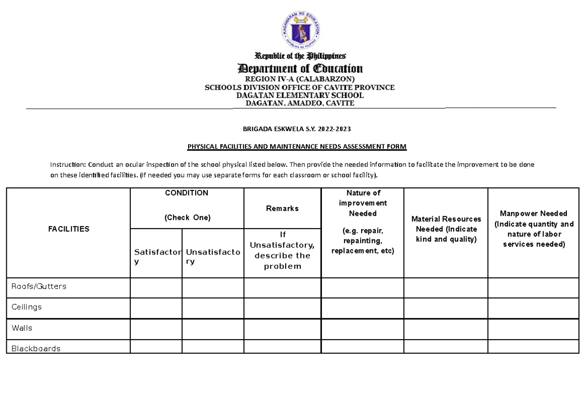 BE FORM 1 - Forms for Brigada Eskwela - BRIGADA ESKWELA S. PHYSICAL ...