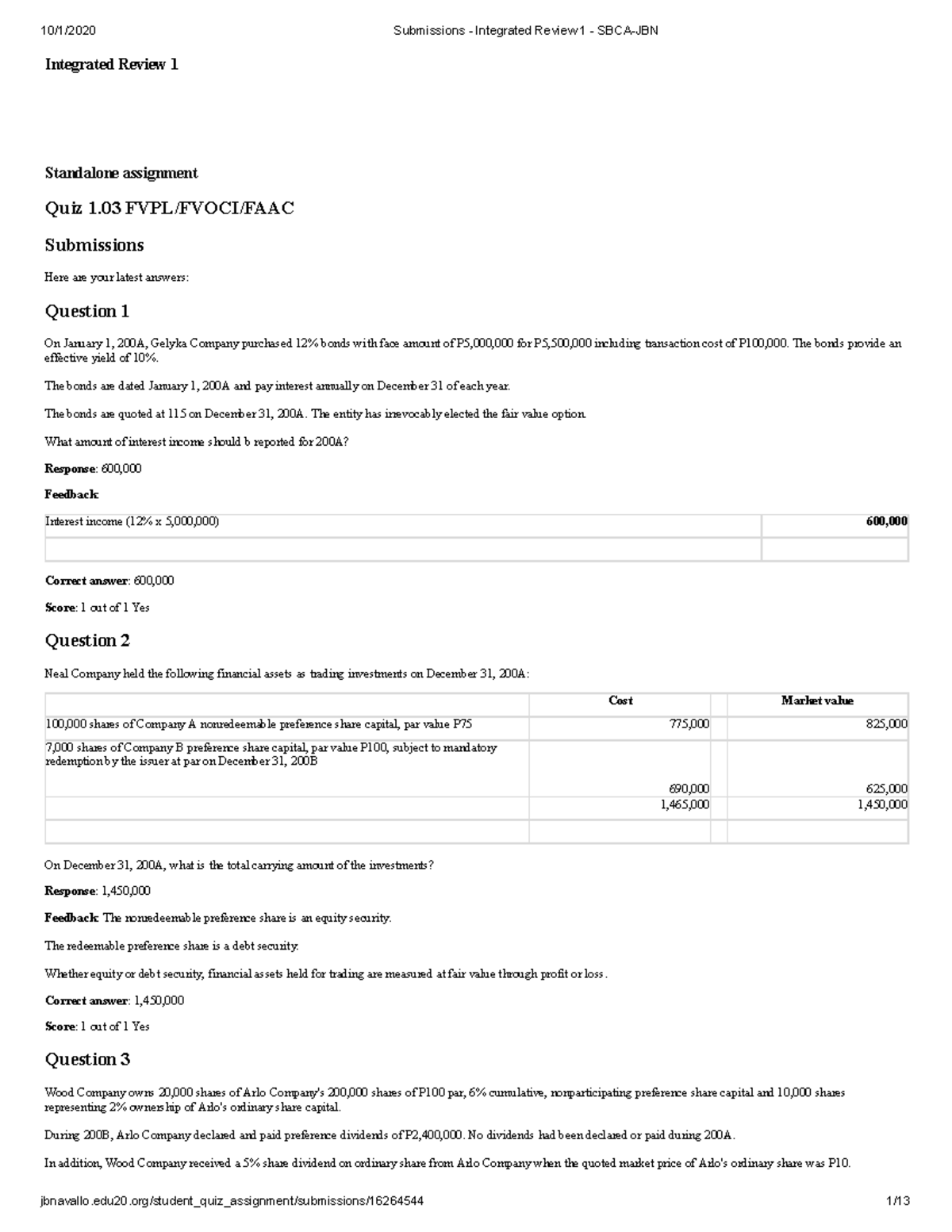 Test bank FVPL, Fvoci,FVAC - Integrated Review 1 Standalone assignment ...