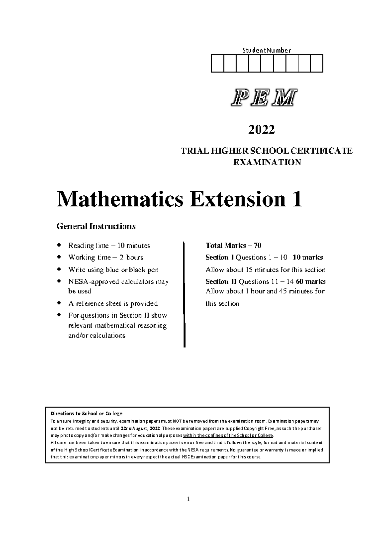 PEM 2022 - PEM 2022 - Student Number Mathematics Extension 1 General ...