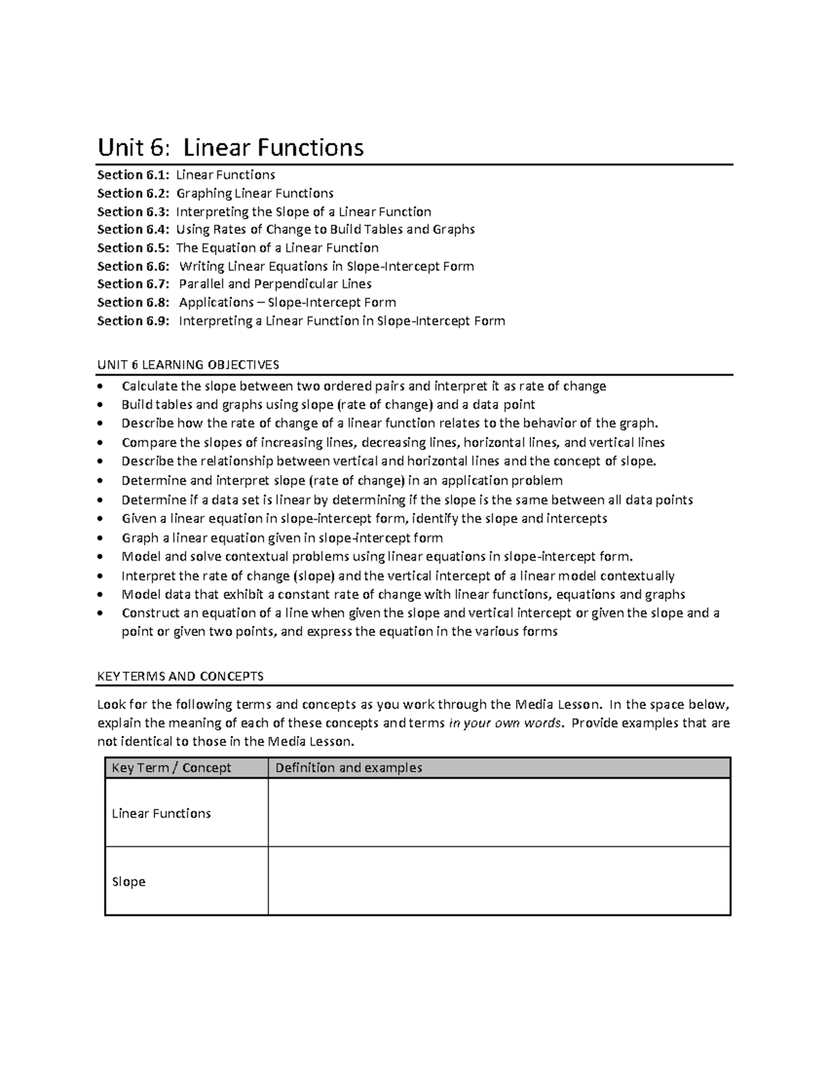 MAT114Workbook Foundations 1 UNIT6 0 - Unit 6: Linear Functions Section ...
