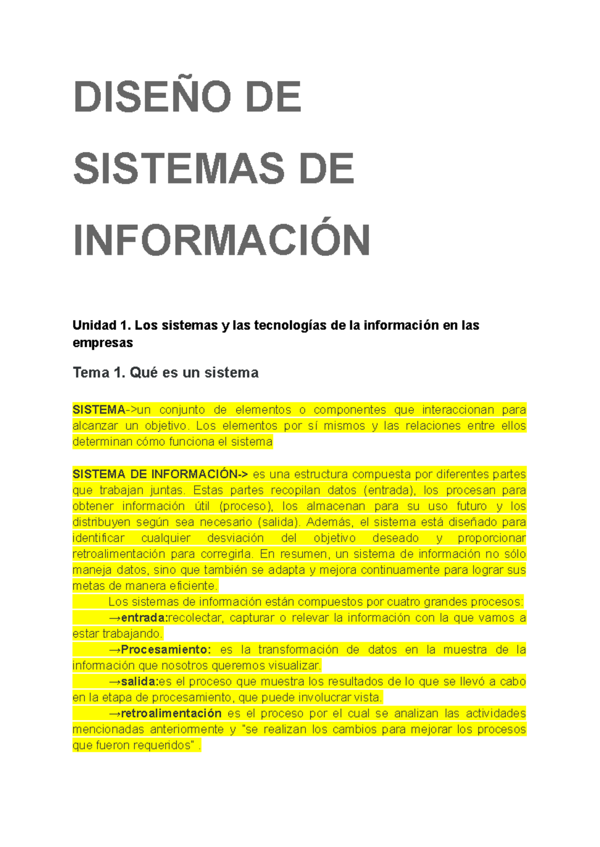 Documento sin título - incompleto - DISEÑO DE SISTEMAS DE INFORMACIÓN Unidad 1. Los sistemas y ...