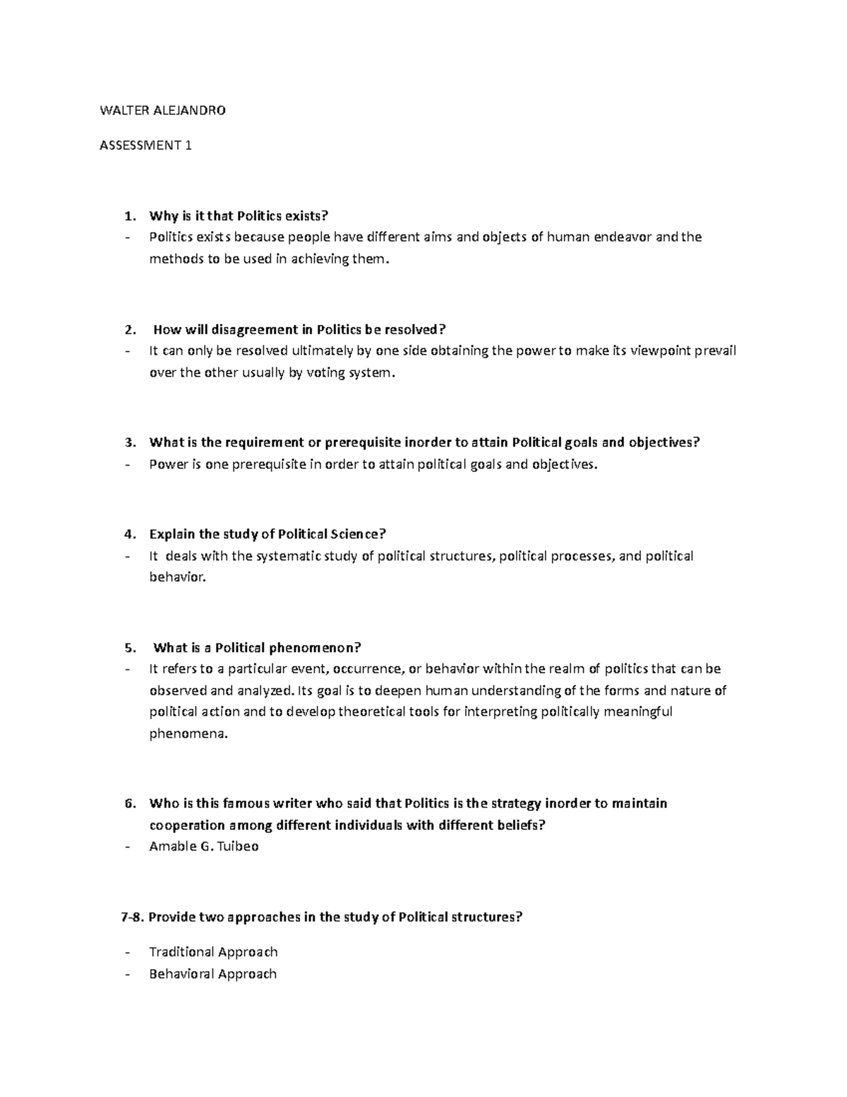 Politics Assignment 1 - WALTER ALEJANDRO ASSESSMENT 1 Why is it that ...