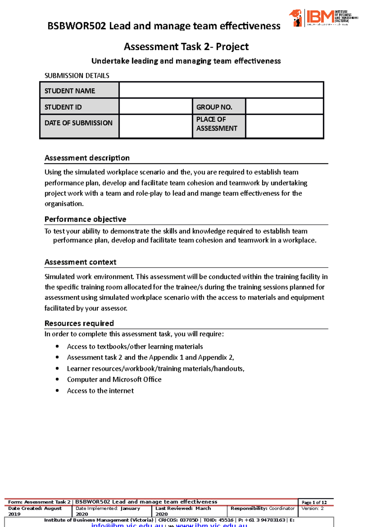 Bsbwor 502 - Assessment-Task-2- Project - Assessment Task 2- Project Undertake leading and ...