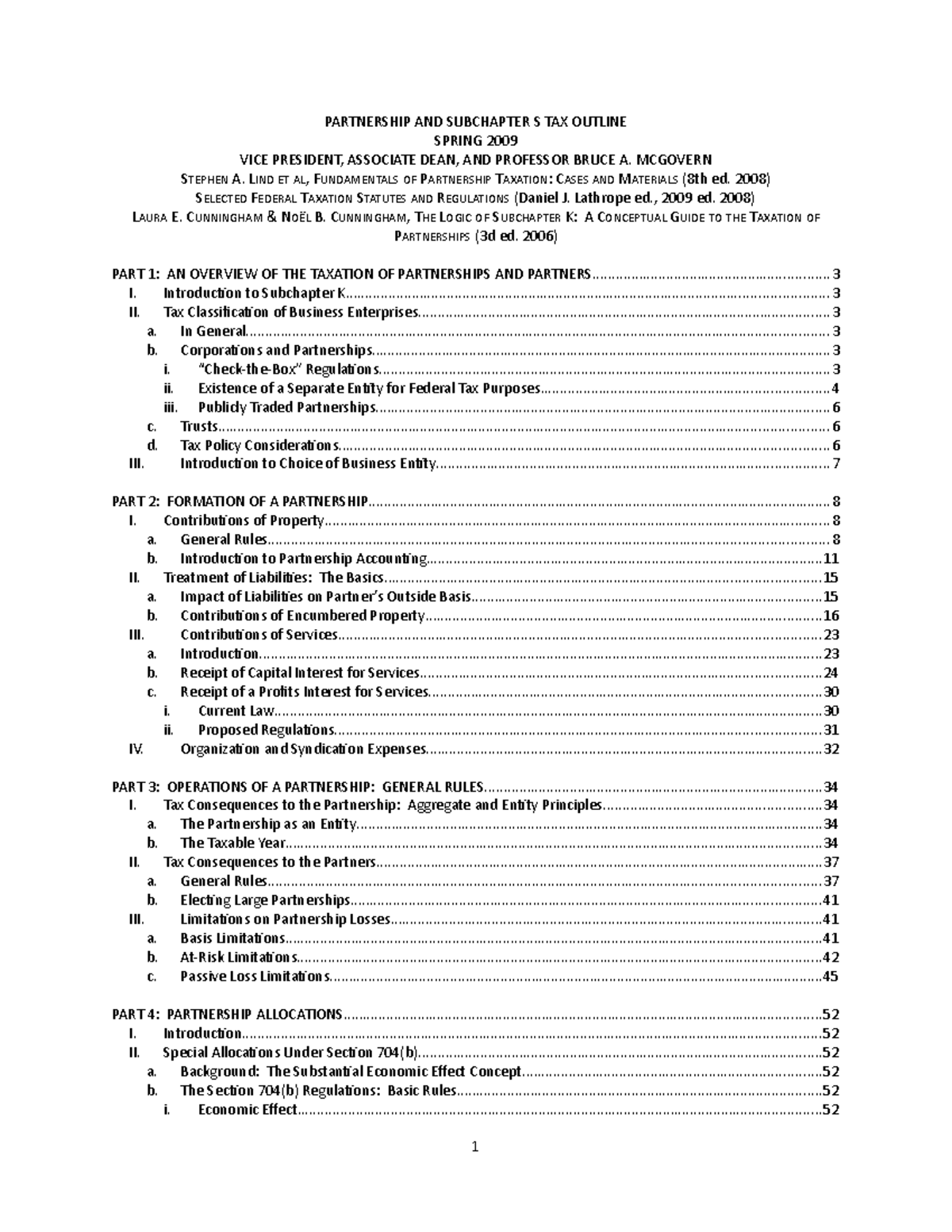 Pship Tax Master Outline - PARTNERSHIP AND SUBCHAPTER S TAX OUTLINE ...