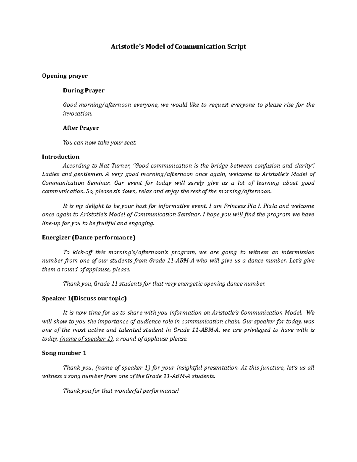 Script (Pia) - study well - Aristotle’s Model of Communication Script ...