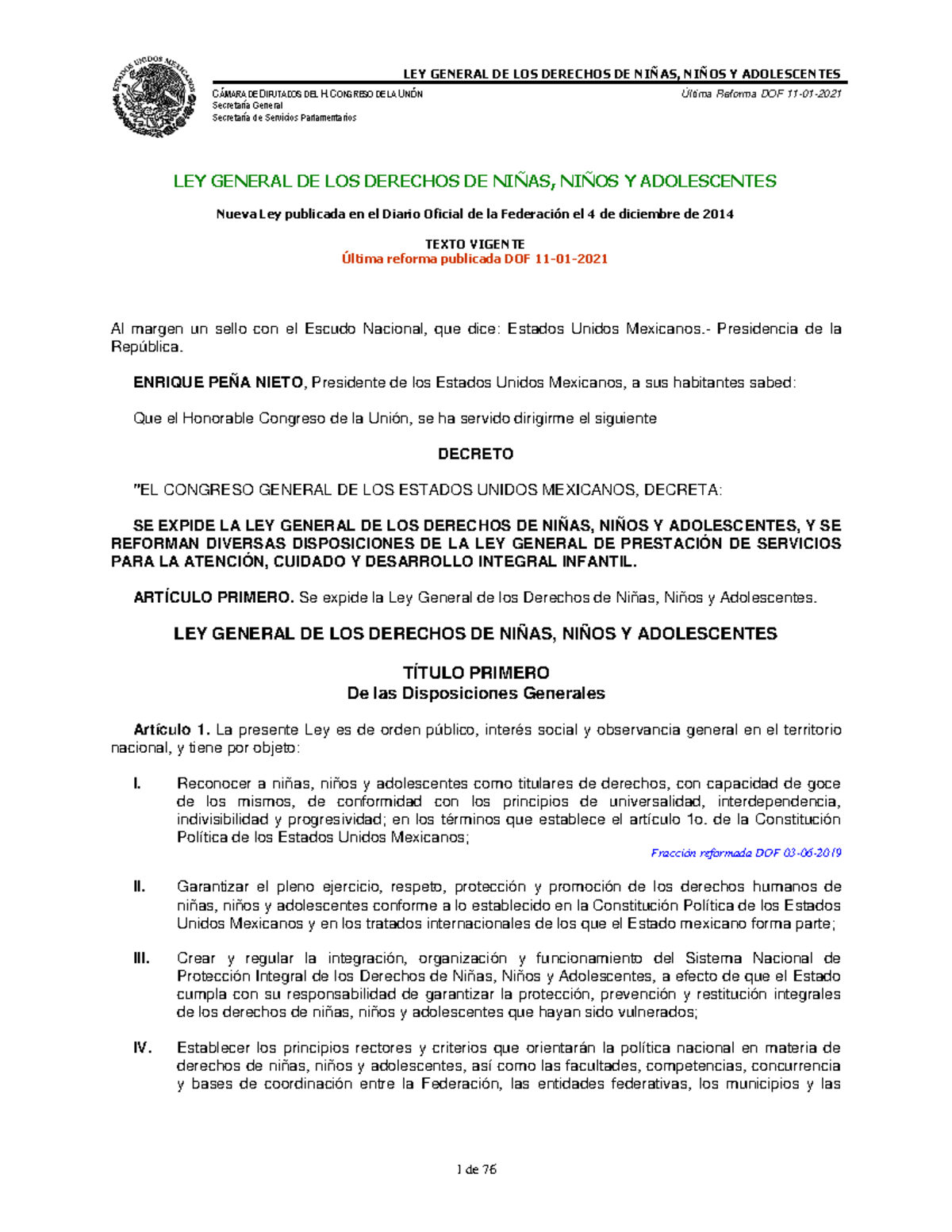 4. Ley General de los Derechos NNA - C¡MARA DE DIPUTADOS DEL H. CONGRESO DE LA UNI”N SecretarÌa ...
