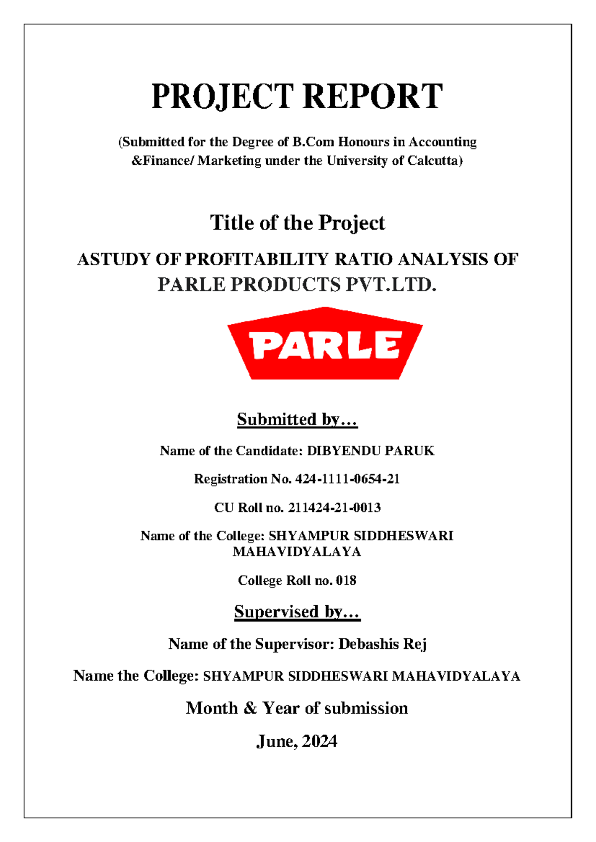 Dibydu P Project Report - PROJECT REPORT (Submitted for the Degree of B ...