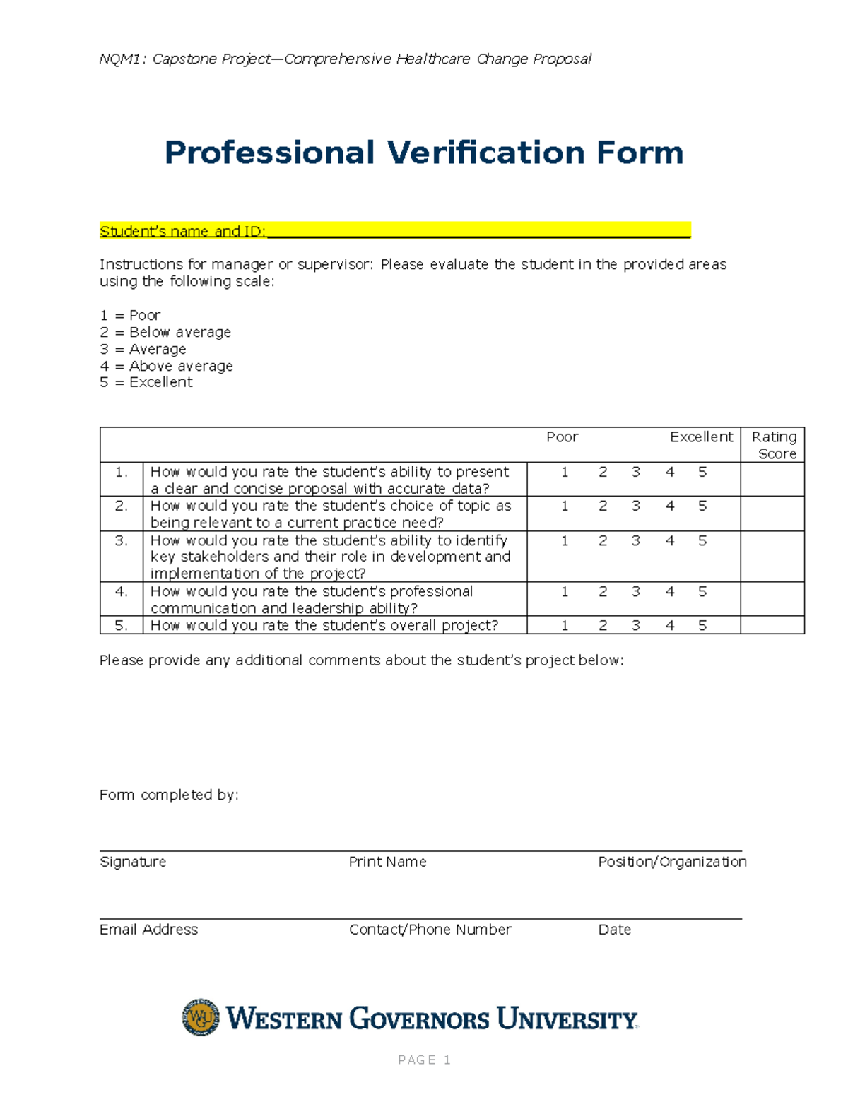 Professional Verification Form - NQM1: Capstone Project—Comprehensive ...