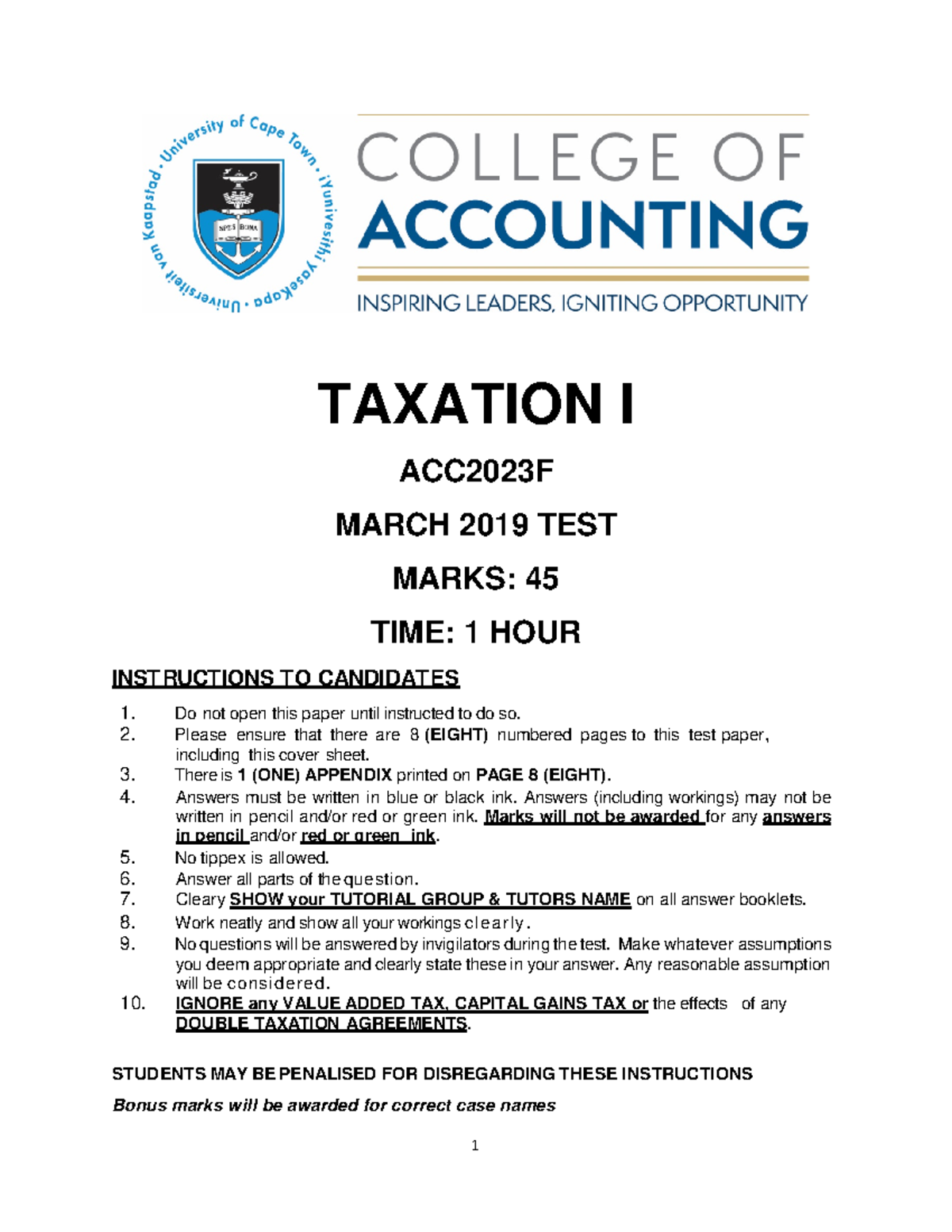 ACC2023F 2019 - Past Paper - TAXATION I ACC2023F MARCH 2019 TEST MARKS ...