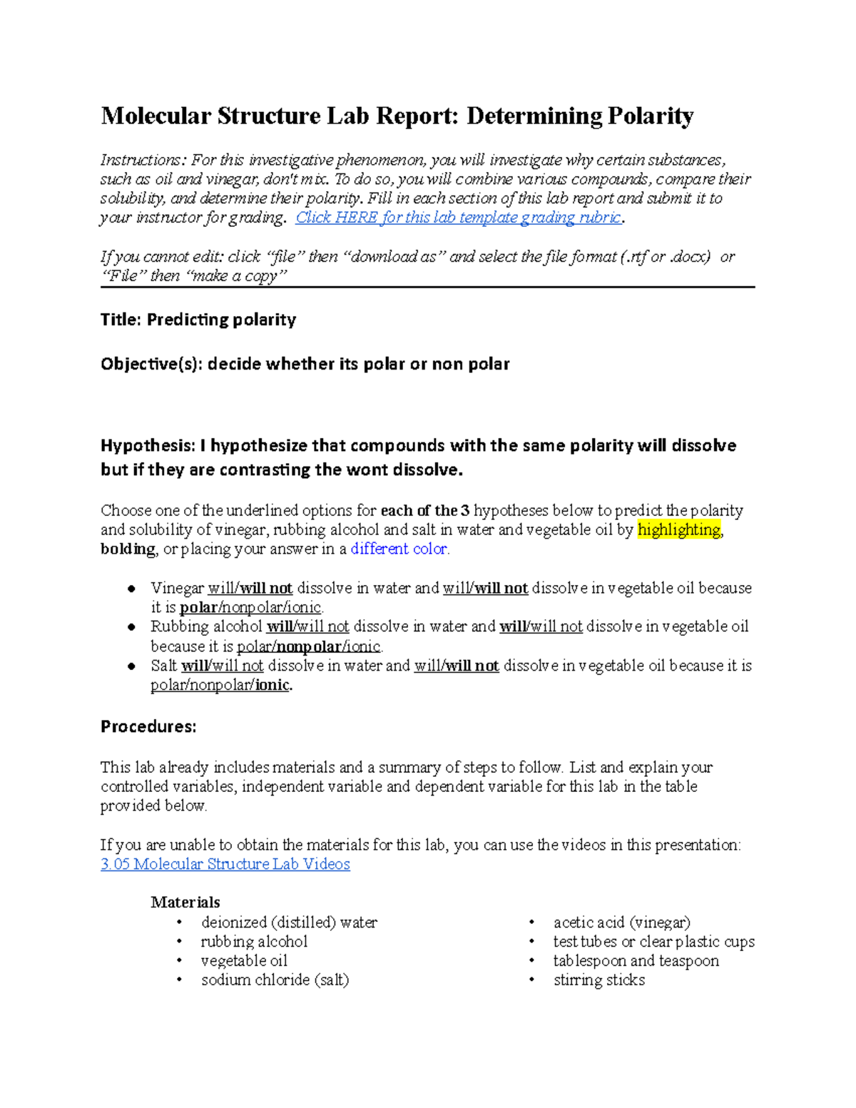 Copy of 3.05 Molecular Structure Lab Alternative - Molecular Structure ...
