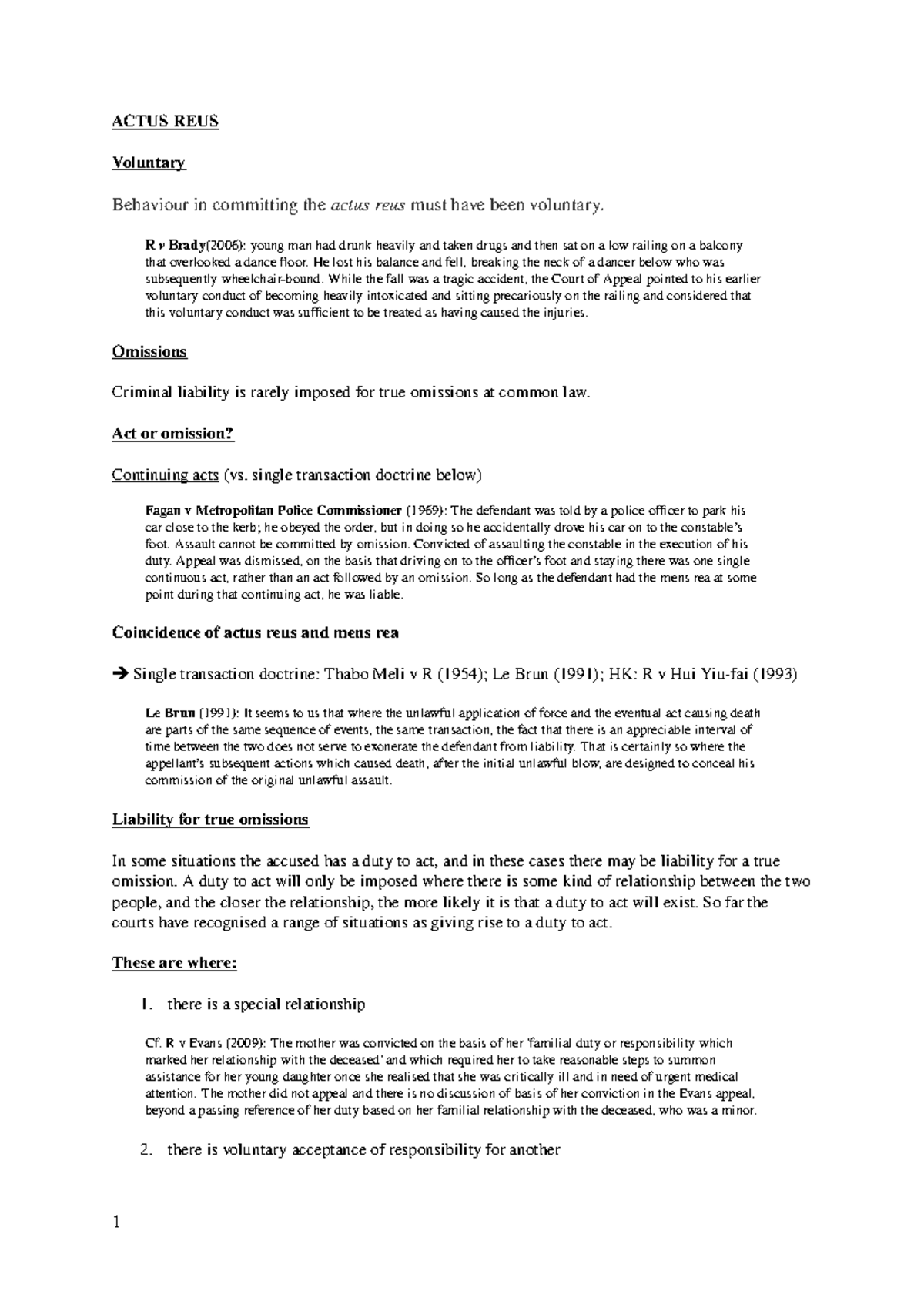 Criminal Law Script - Notes - ACTUS REUS Voluntary Behaviour in ...