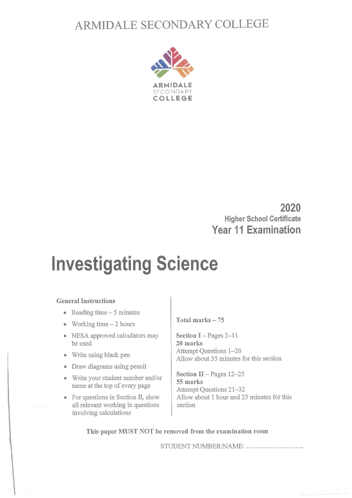 Investigating Science 2020 Year 11 Final examination - Studocu