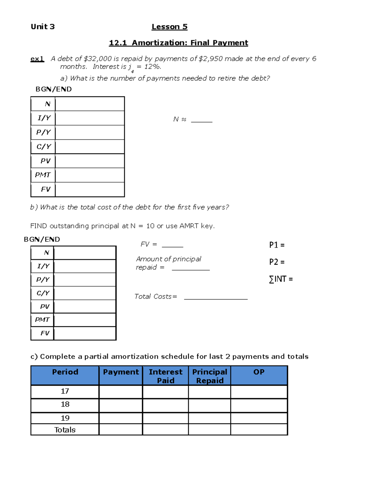 L5 - 12.1 Amortization - Final Payment - Unit 3 Lesson 5 12 ...