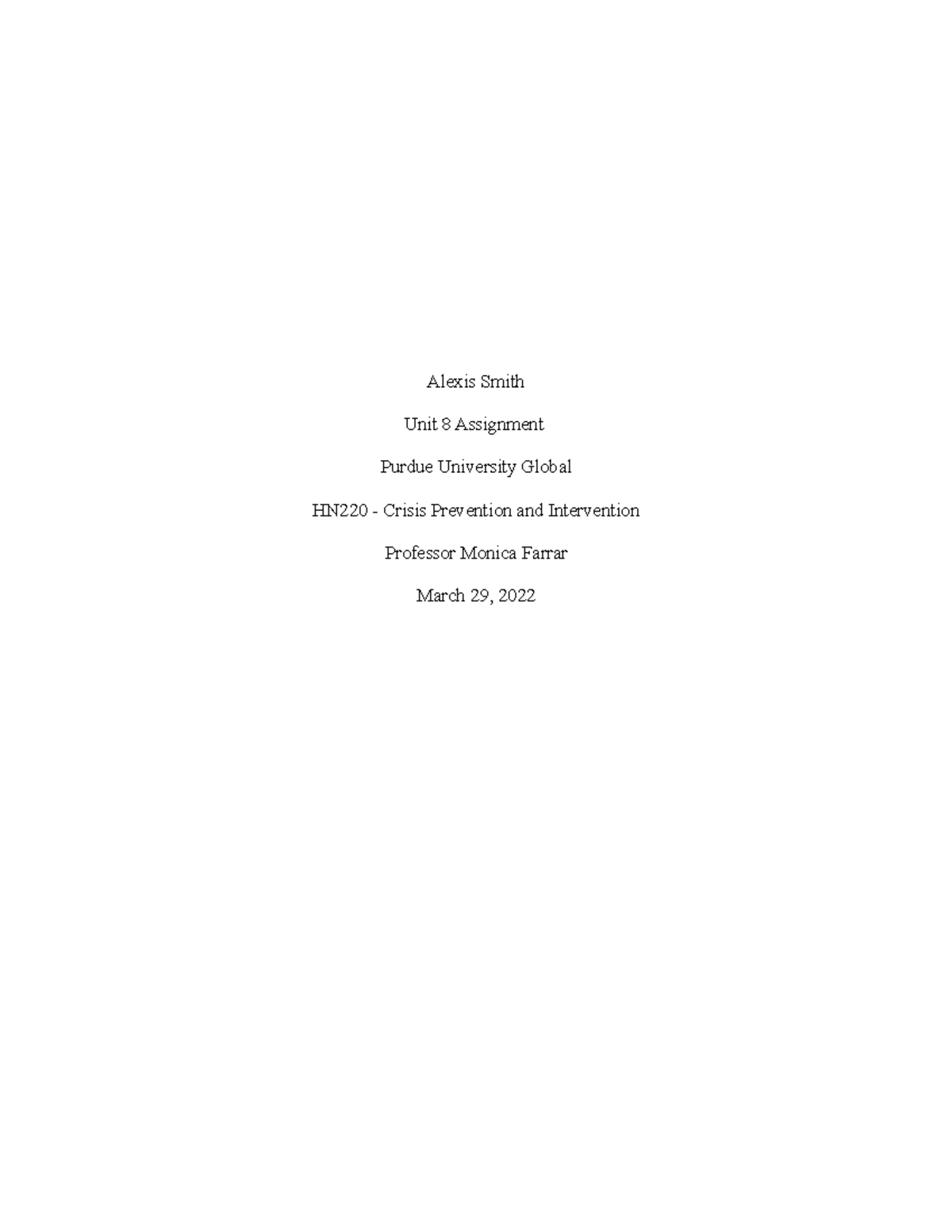 HN220 U8 Assignment - Alexis Smith Unit 8 Assignment Purdue University ...