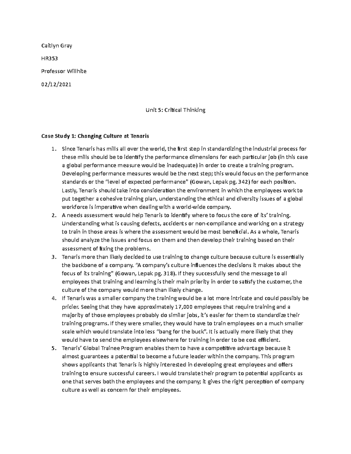 Mod 5 Critical Thinking - Caitlyn Gray HR Professor Willhite 02/12 ...
