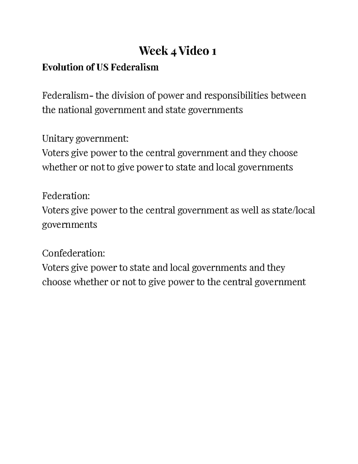 Week 4 Lecture Notes - Week 4 Video 1 Evolution of US Federalism ...