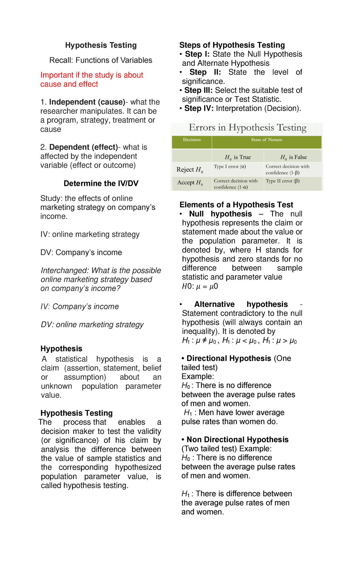 Hypothesis-Testing - Hypothesis Testing Recall: Functions of Variables ...