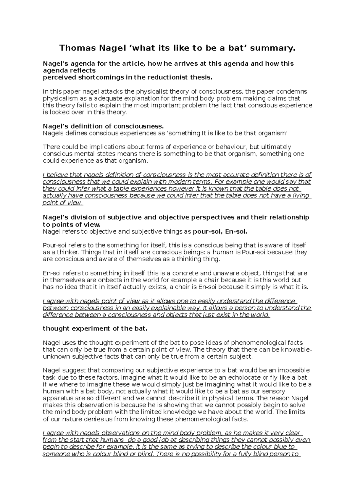 Nagel summary - Philo - Thomas Nagel ‘what its like to be a bat ...