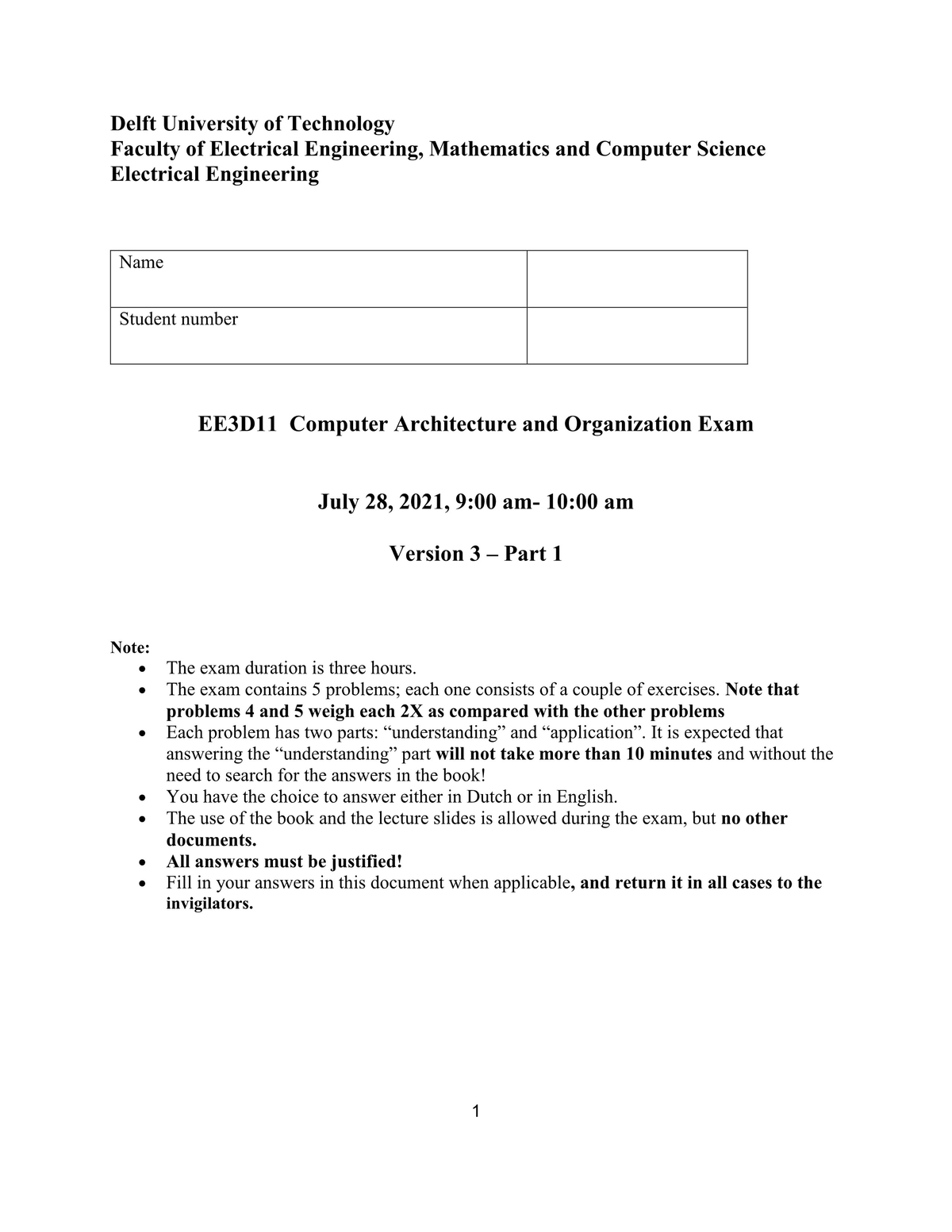 CAO Exam 28 July 2021, version 3 - Computer Architecture and ...