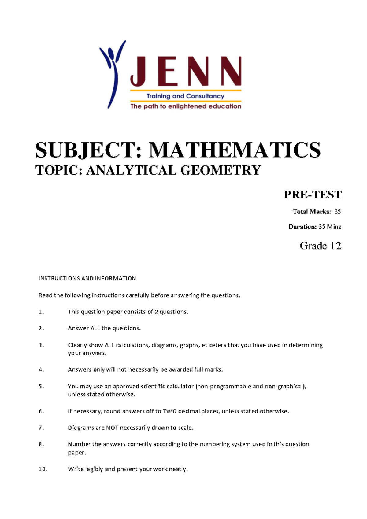 Analytical Geometry Pre-test - PRE-TEST 2 35 35 ANALYTICAL GEOMETRY ...