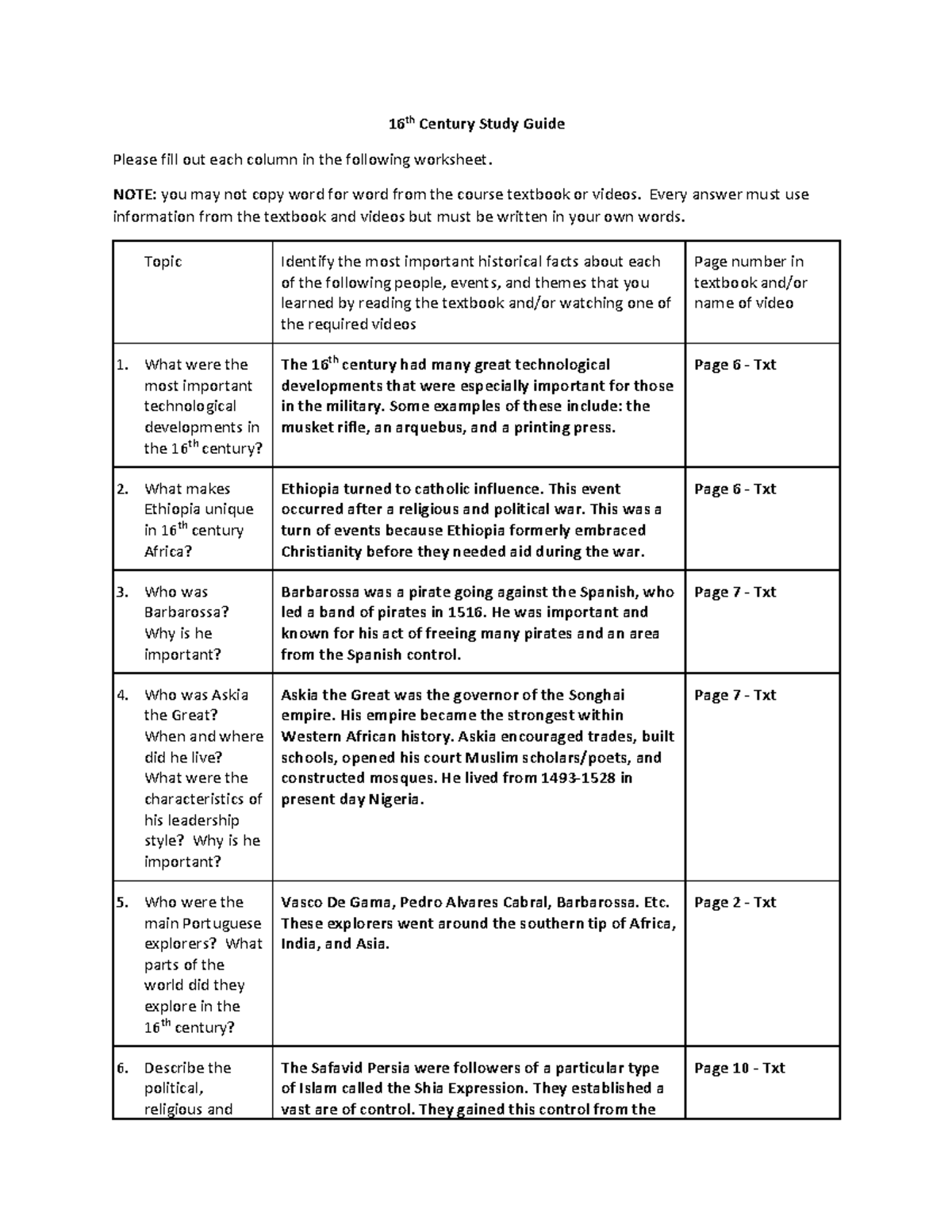 16th Century Study Guide - HIST - 16 th Century Study Guide Please fill ...