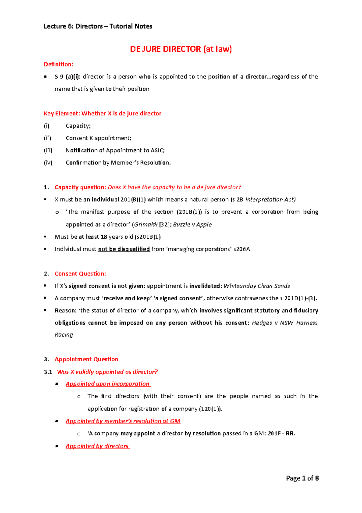 Lecture 6 - Directors - Tutorial Notes - DE JURE DIRECTOR (at law ...