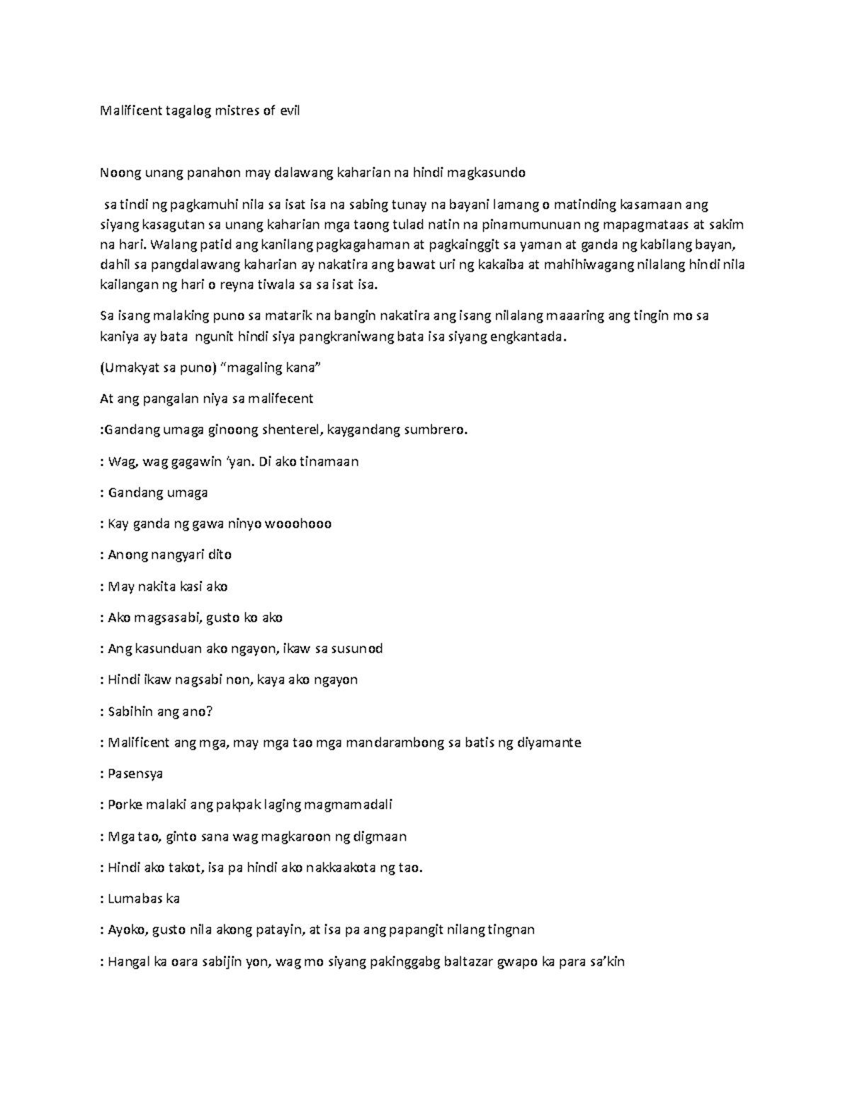 Script - BNg - Malificent tagalog mistres of evil Noong unang panahon ...