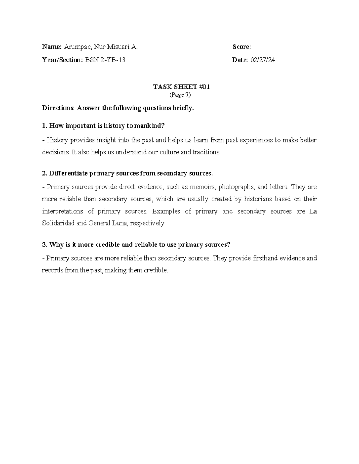 Arumpac RIPH Activities - Year/Section: BSN 2 - YB- 13 Date: 02/27/ TASK SHEET # (Page 7) - Studocu