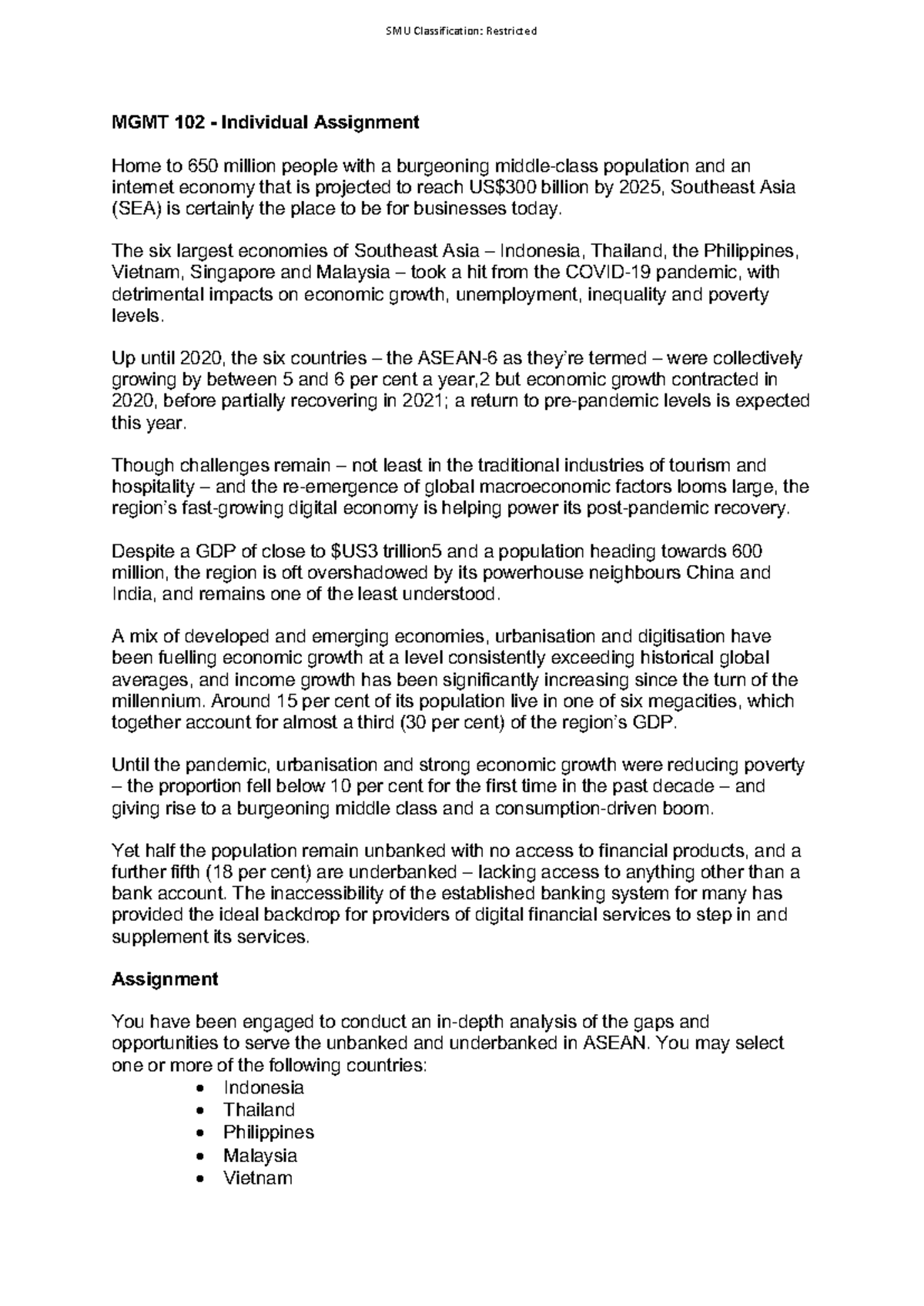 MGMT 102 - Individual Assignment - SMU Classification: Restricted MGMT 102 - Individual ...