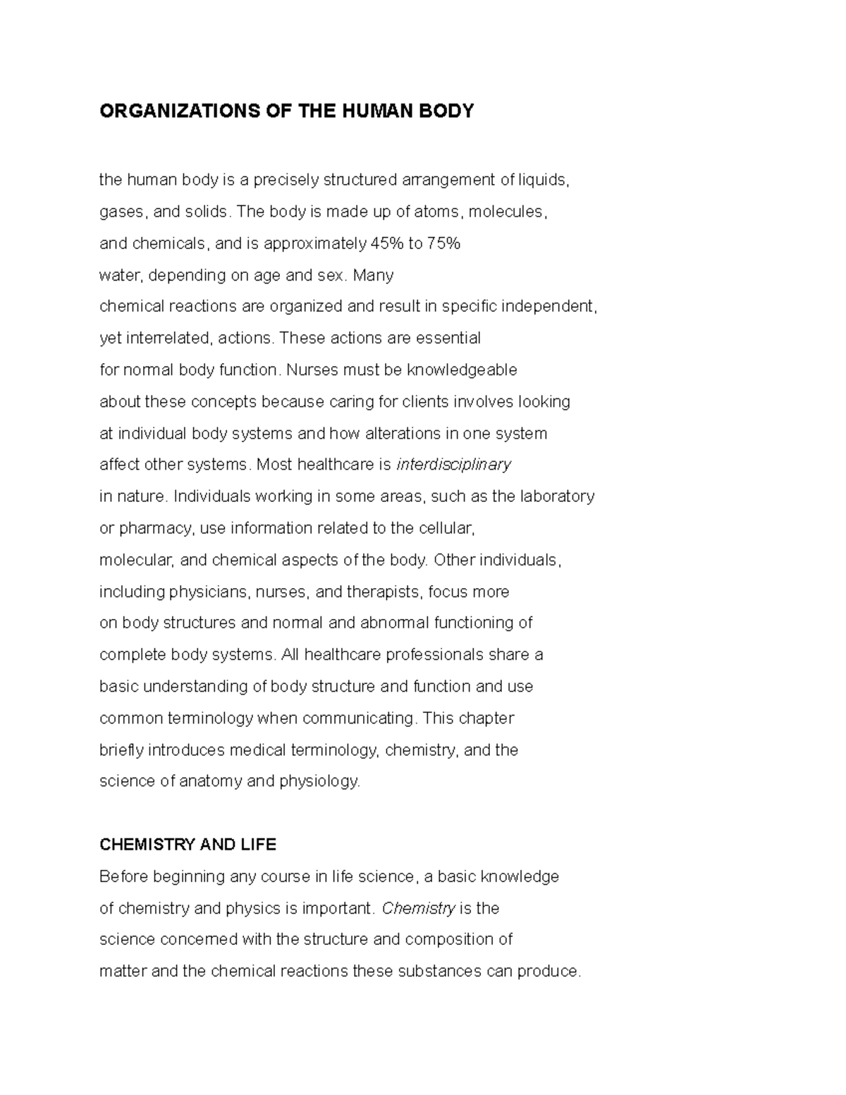 Organizations OF THE Human BODY - ORGANIZATIONS OF THE HUMAN BODY the ...