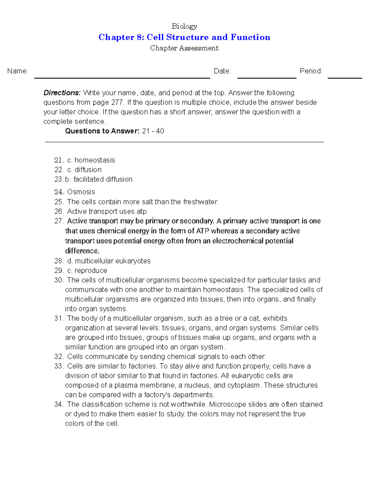 Copy of Chapter 8 Review Assessment - Part 2 - Biology Chapter 8: Cell ...