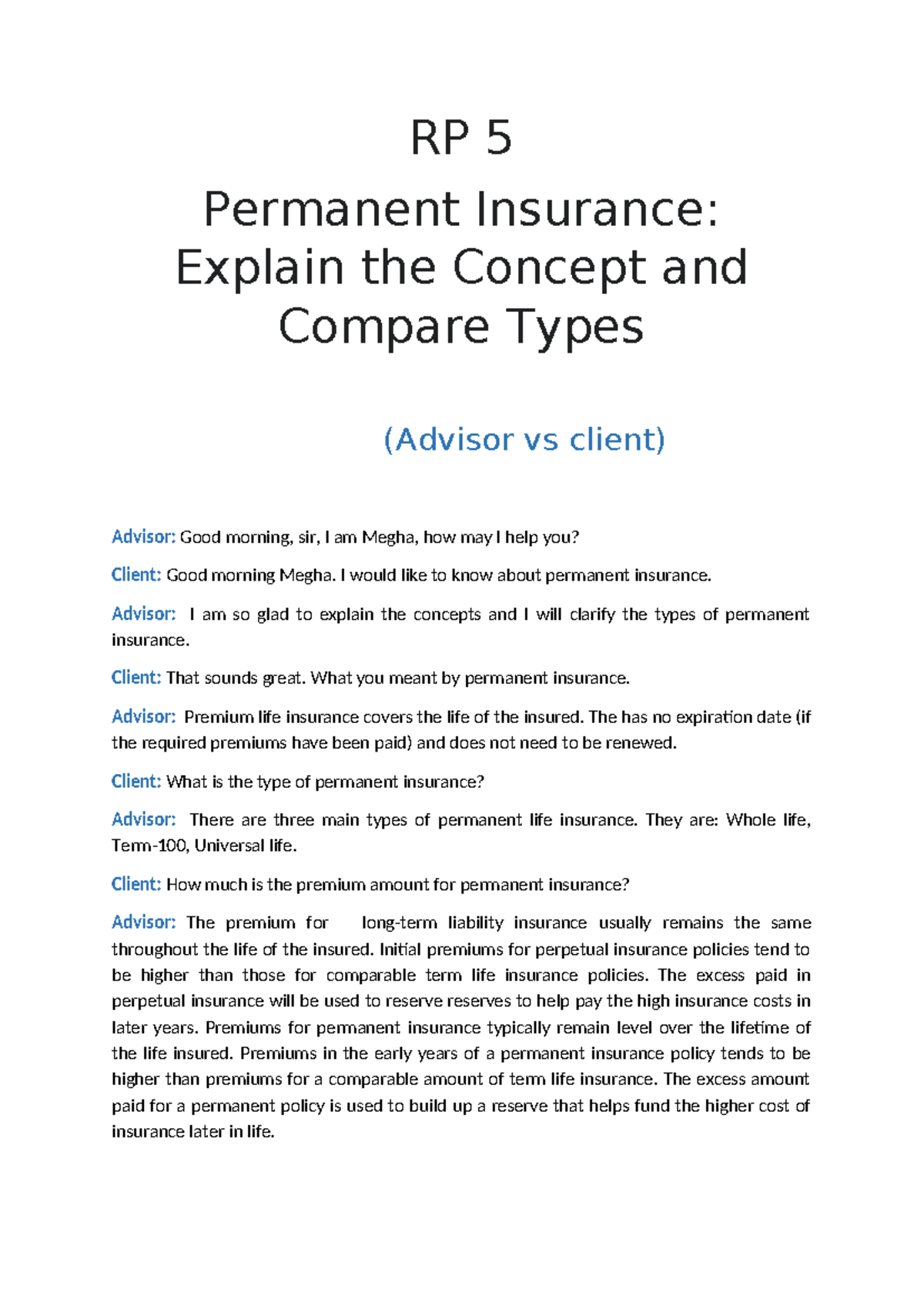 Permanant insurance - assignment - RP 5 Permanent Insurance: Explain ...