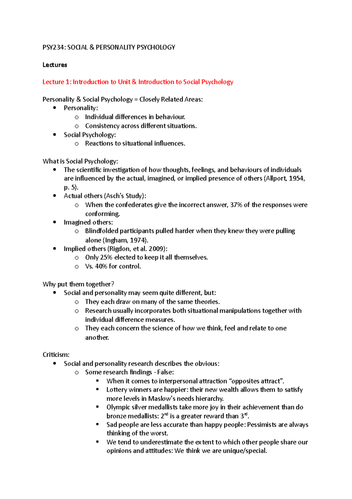 PSY234 Lectures - Lecture notes 1-11 - PSY234: SOCIAL & PERSONALITY ...
