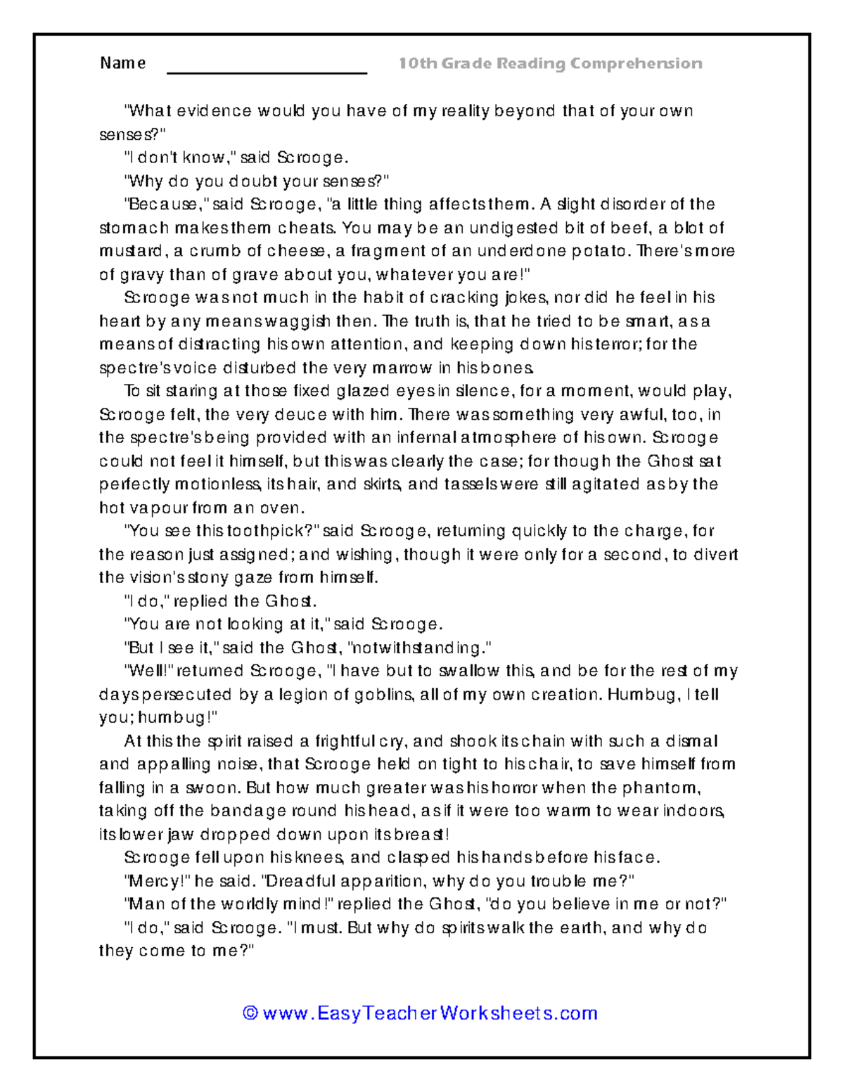 Comprehension assignment - Name 10th Grade Reading Comprehension ...