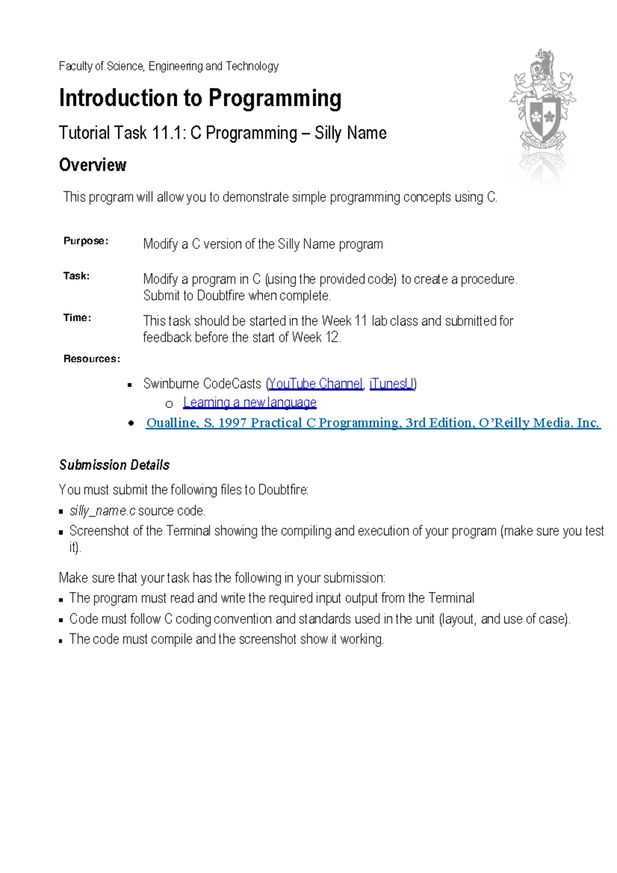 11 - tute - Faculty of Science, Engineering and Technology Introduction ...