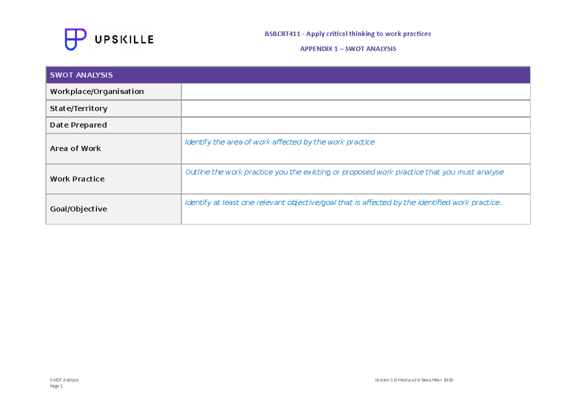 Bsbcrt 411 Appendix 1 SWOT analysis - BSBCRT411 - Apply critical ...