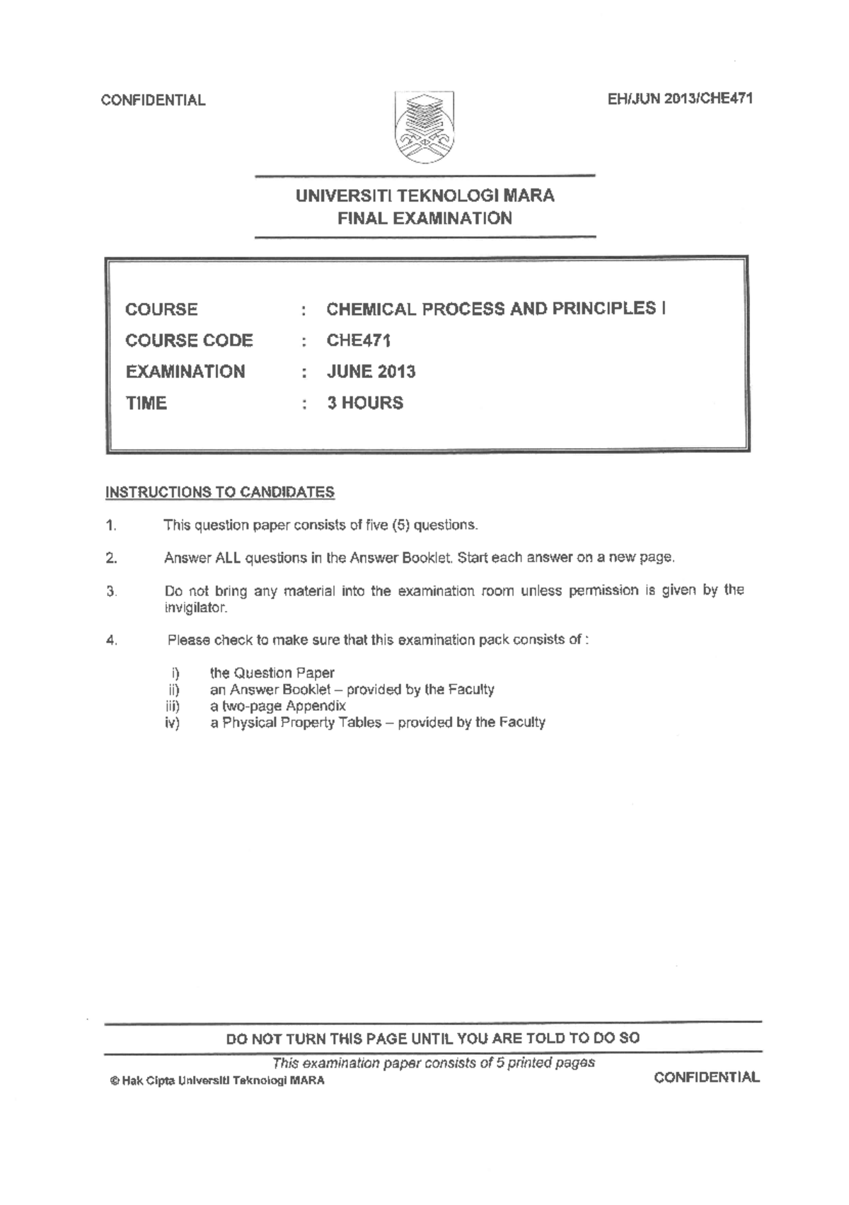 CHE471 JUNE 2013 - Chemicl process principle - Studocu